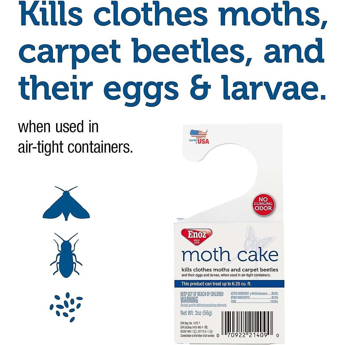 Enoz Moth Cakes – 8 Pack – Easily Hangs in Closets & Garment Bags – Kills Clothes Moths, Carpet Beetles, Eggs & Larvae – Treats 6.25 Cubic Feet