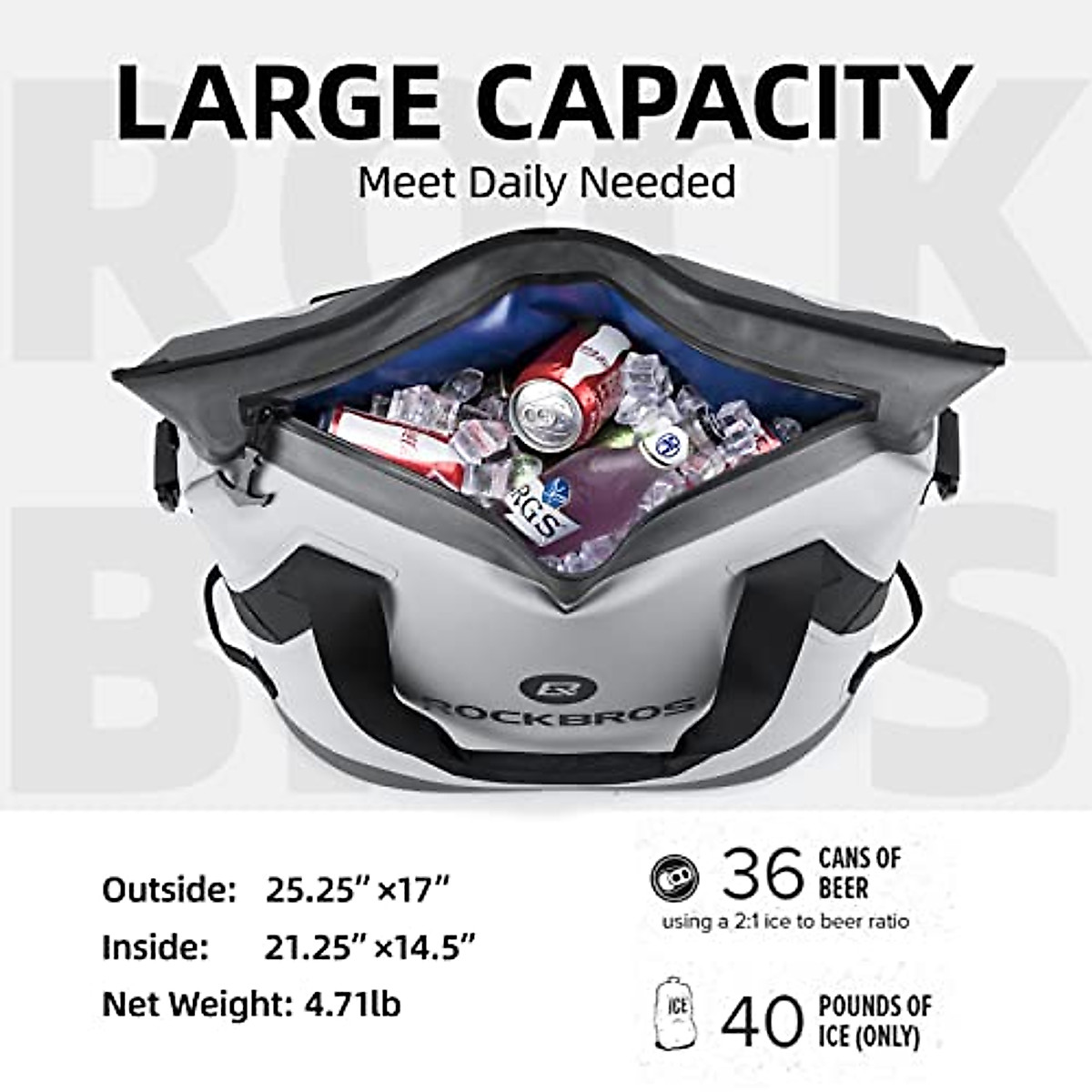 ROCKBROS Soft Cooler Insulated Leak Proof Cooler Bag Portable 36 Can Large Soft Sided Coolers Waterproof Insulated Pack Cooler for Travel, Beach, Camping, Picnic, Lunch, Fishing, Floating, Party, Work