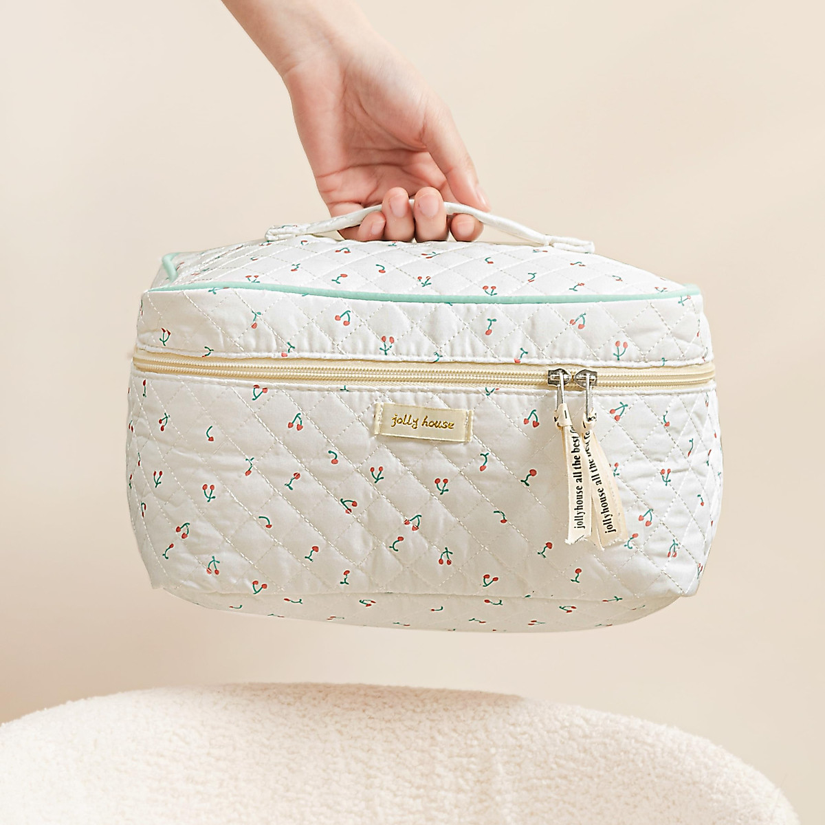 HBselect 4Pcs Cotton Quilted Makeup Bag Coquette Makeup Bag Large Travel Cosmetic Bag Aesthetic Cute Kawaii Cherry Makeup Bag Toiletry Bags Coin Purse for Women Girls