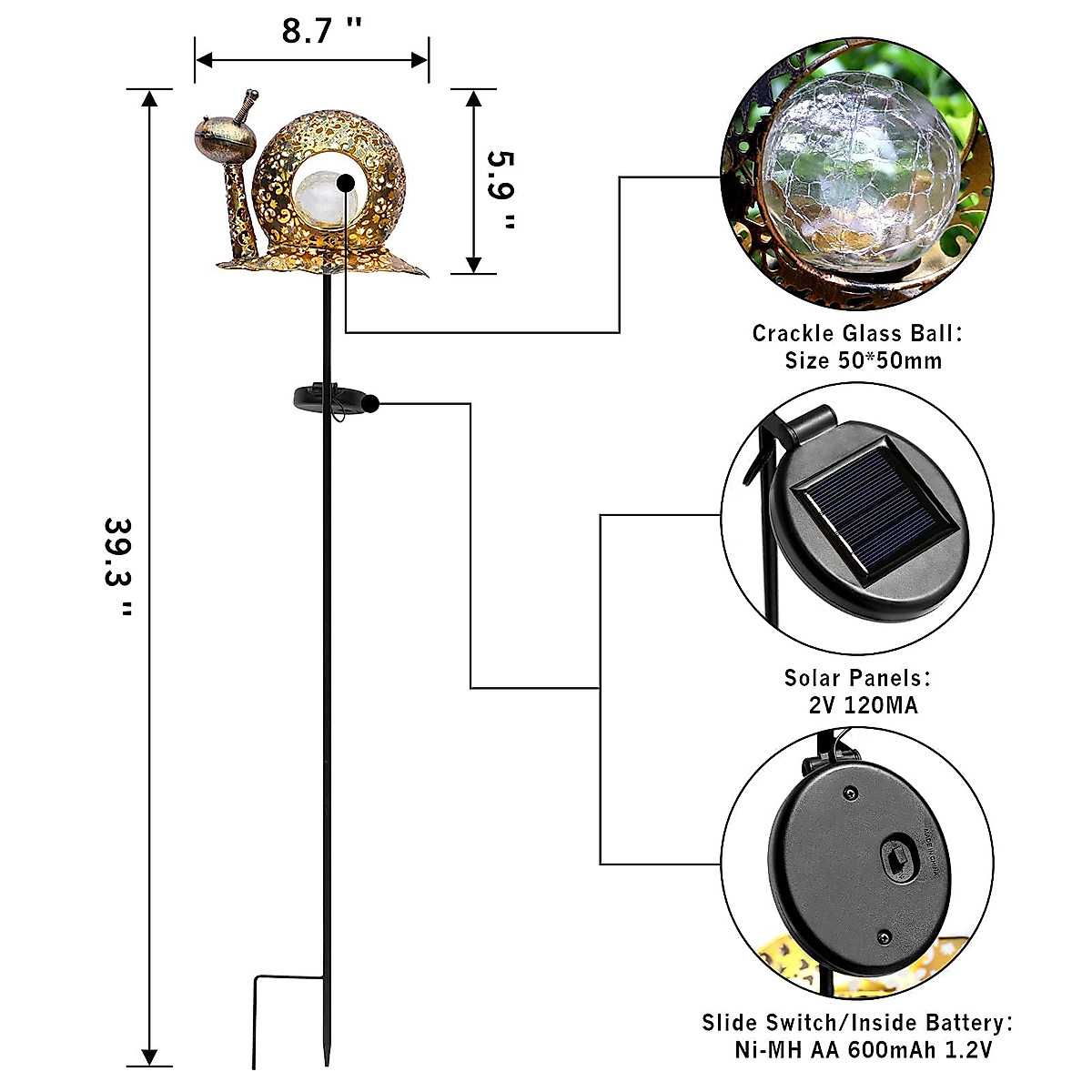 SEKKVY Solar Garden Lights Outdoor Decorative - 1 Pack, Metal Snail LED Stake Light Waterproof, Suitable for Pathway, Lawn, Patio, Yard(Warm White)