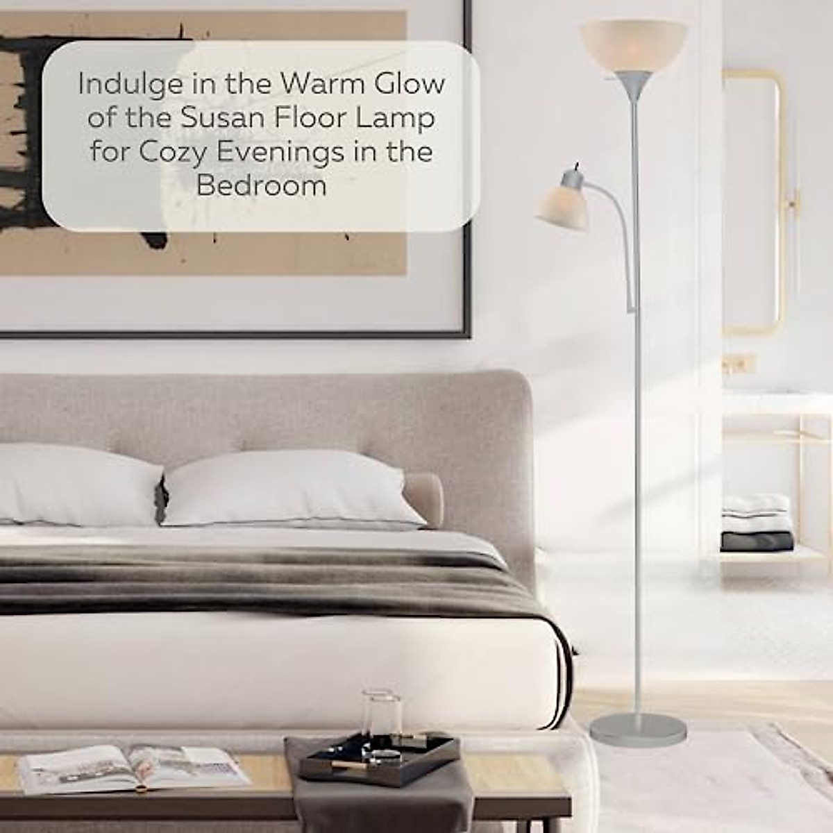 Adjustable Silver Floor Lamp with Reading Light By Light Accents - Susan Modern Standing Lamp For Living Room/Office Lamp 72" Tall - 150-watt With Side Reading Light Corner Lamp (Silver)