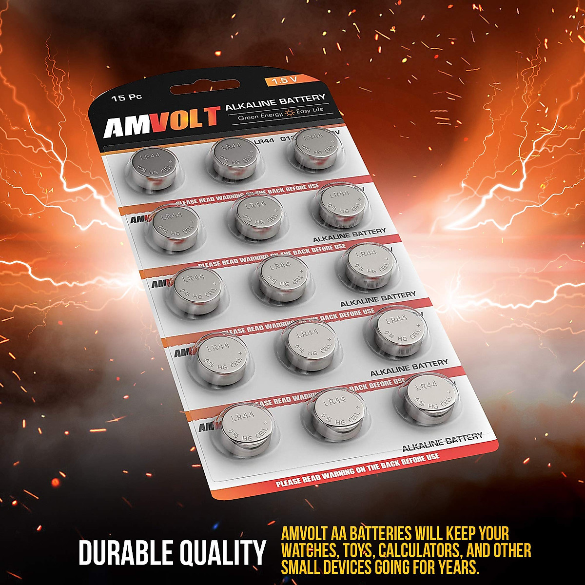 AmVolt- Pack of 15 LR44 Batteries AG13 SR44 357 303 Premium Alkaline Non Rechargeable Button Battery, 1.5 Volt Small Batteries for Watches Clocks & Electronic Devices