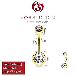 Forbidden Body Jewelry Gold IP Plated Surgical Steel Double Jeweled Clear Crystal Petite Belly Button Ring