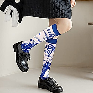 Benefeet Sox Womens Girls Cute Lace Knee High Socks Blue Sheer Mesh Knee High Stockings Transparent See Through Ultra Thin Silk Fancy Silly Cat Patterned Printed Long Stocking Socks, Blue Bow Cat