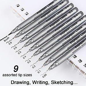 Dyvicl Black Micro-Pen Fineliner Ink Pens, Pigment Liner Multiliner Pens Micro Fine Point Drawing Pens for Sketching, Anime, Manga, Artist Illustration, Journaling, 9 Pieces