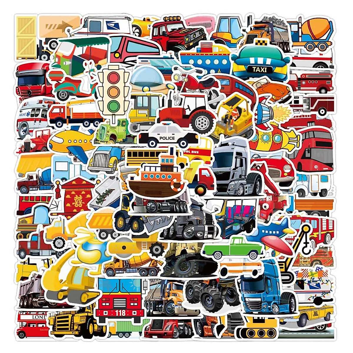 Transportation Vehicle Truck Stickers for Kids Boy, Vinyl Waterproof Sticker 100 Pack, Party Favor and Supplies (Construction truck Airplane Train Helicopter Car Boat Motorcycle Tractor Bus Firetruck)