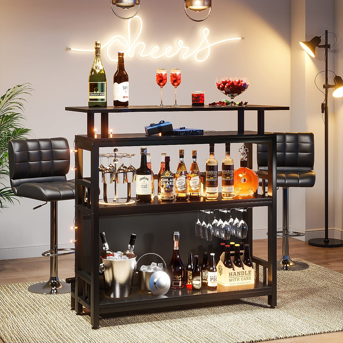 Tribesigns Home Bar Unit for Liquor, 44-Inch Bar Height Table with Storage, Black Entertainment Pub Table, Mini Bar Carts Upholstered&Metal Front Footrest for Kitchen, Balcony, Basement