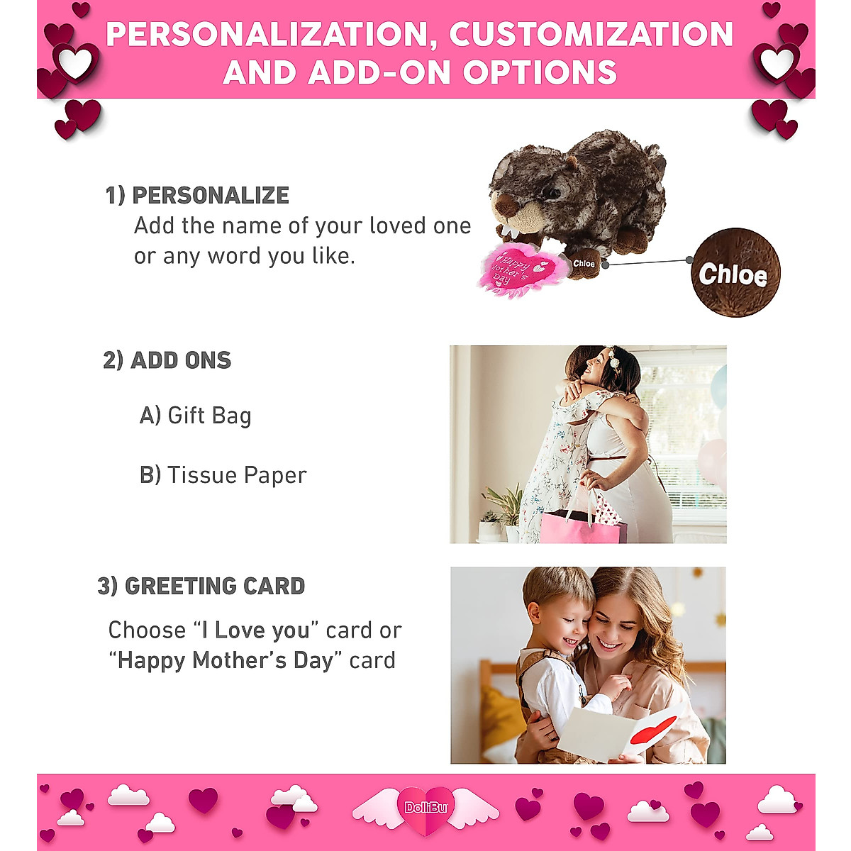 DolliBu Happy Mother's Day Super Soft Lying Marmot Plush Figure - Cute Stuffed Animal with Pink Heart Message for Best Mommy, Grandma, Wife, Daughter - 11" Inches