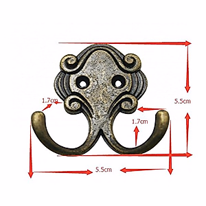 Amanaote Metal Antique Brass Hardware Double Prong Robe Hook Clothes Hanger with Screws(Pack of 6)