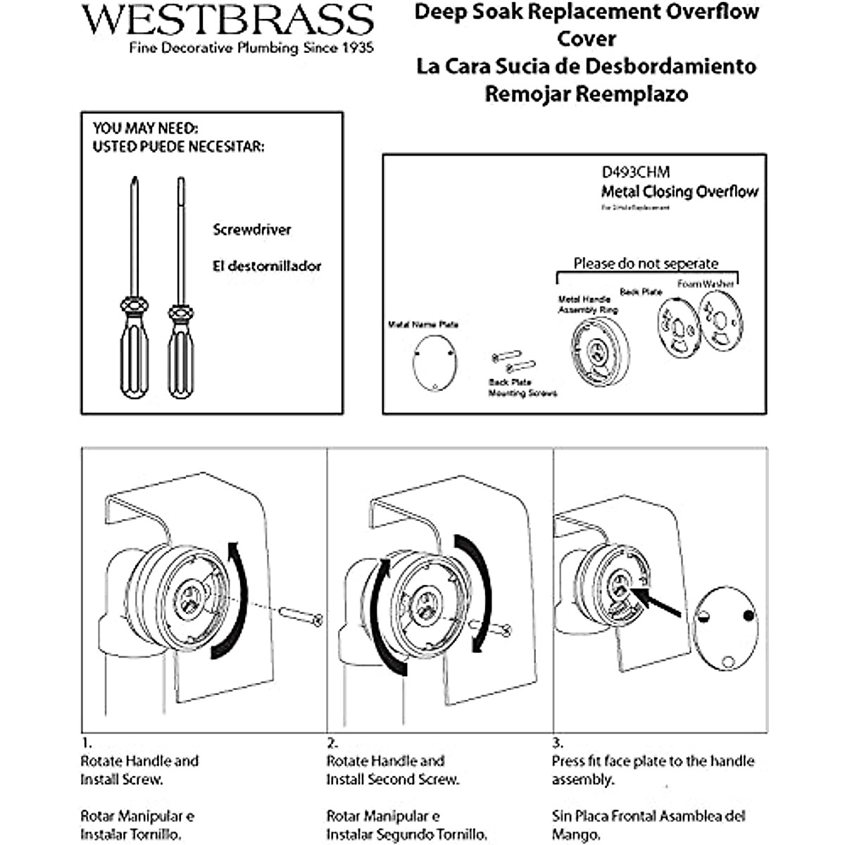 Westbrass D493CHM-26 Universal Patented Deep Soak Round Replacement 2-Hole Bathtub Overflow Cover for Full and Over-Filled Closure, 1 Pack, Polished Chrome - LOGO