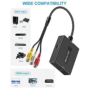 Uzifhdhi RCA to HDMI Converter, AV to HDMI Converter Supports PAL/NTSC for PS2/VHS/VCR/Blue-Ray DVD ect.