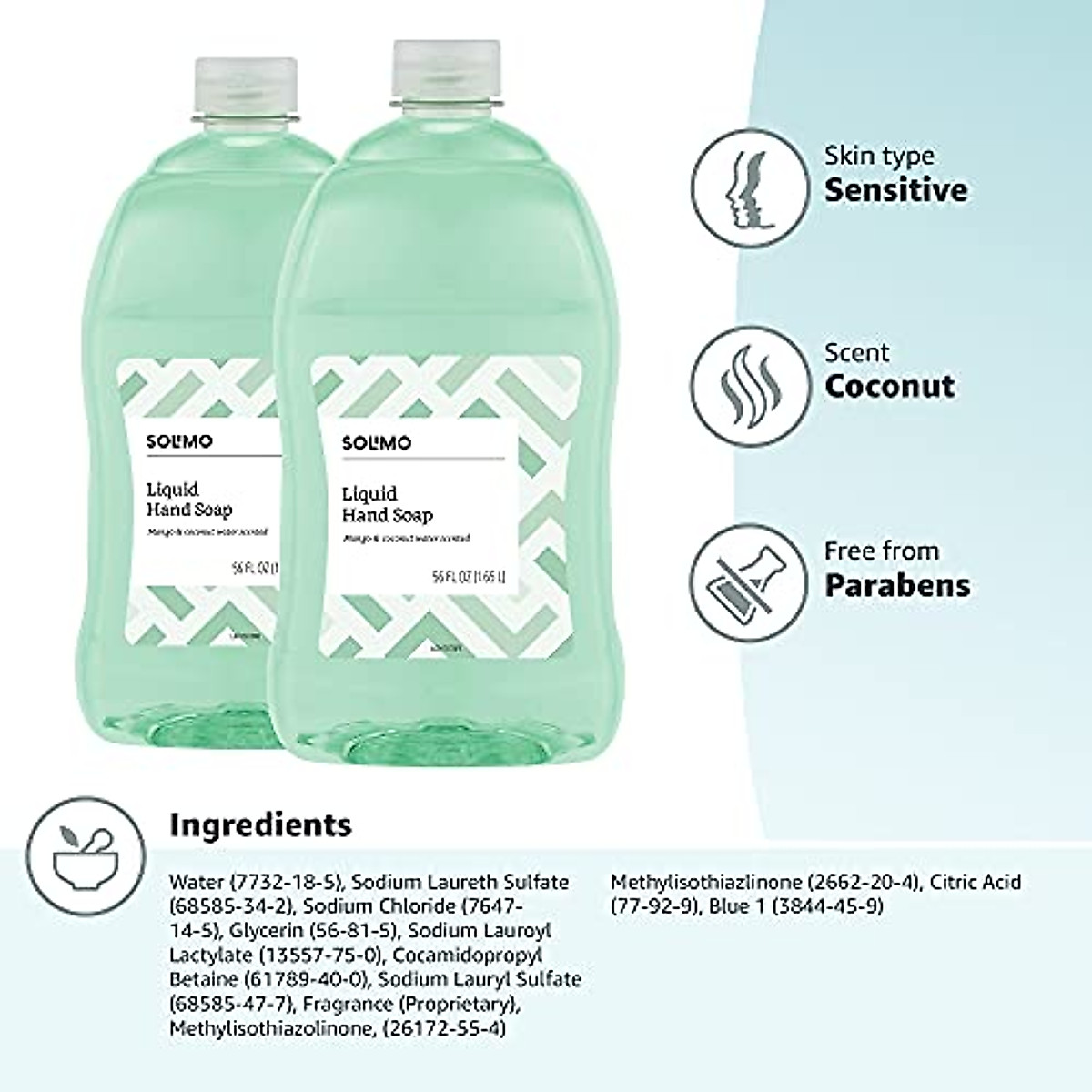 Amazon Brand - Solimo Liquid Hand Soap Refill, Mango and Coconut Water Scent, Triclosan-Free, 56 Fluid Ounces, Pack of 2