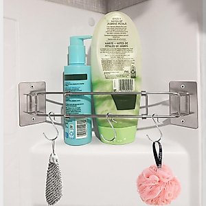 1 Pack Rv Shower Corner Storage Bar with 3 S-Hooks-Adjustable Stainless Steel Rod Bathroom Shelf Retainer Bars Stick On Rv Organization and Storage Accessories Inside Camper Travel Trailer Must Haves