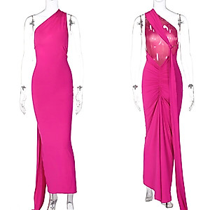 Women's Sexy One Shoulder Backless Maxi Dress Elegant Ruched O Ring Sleeveless Evening Dress Long Gown Cocktail Dress Hot Pink
