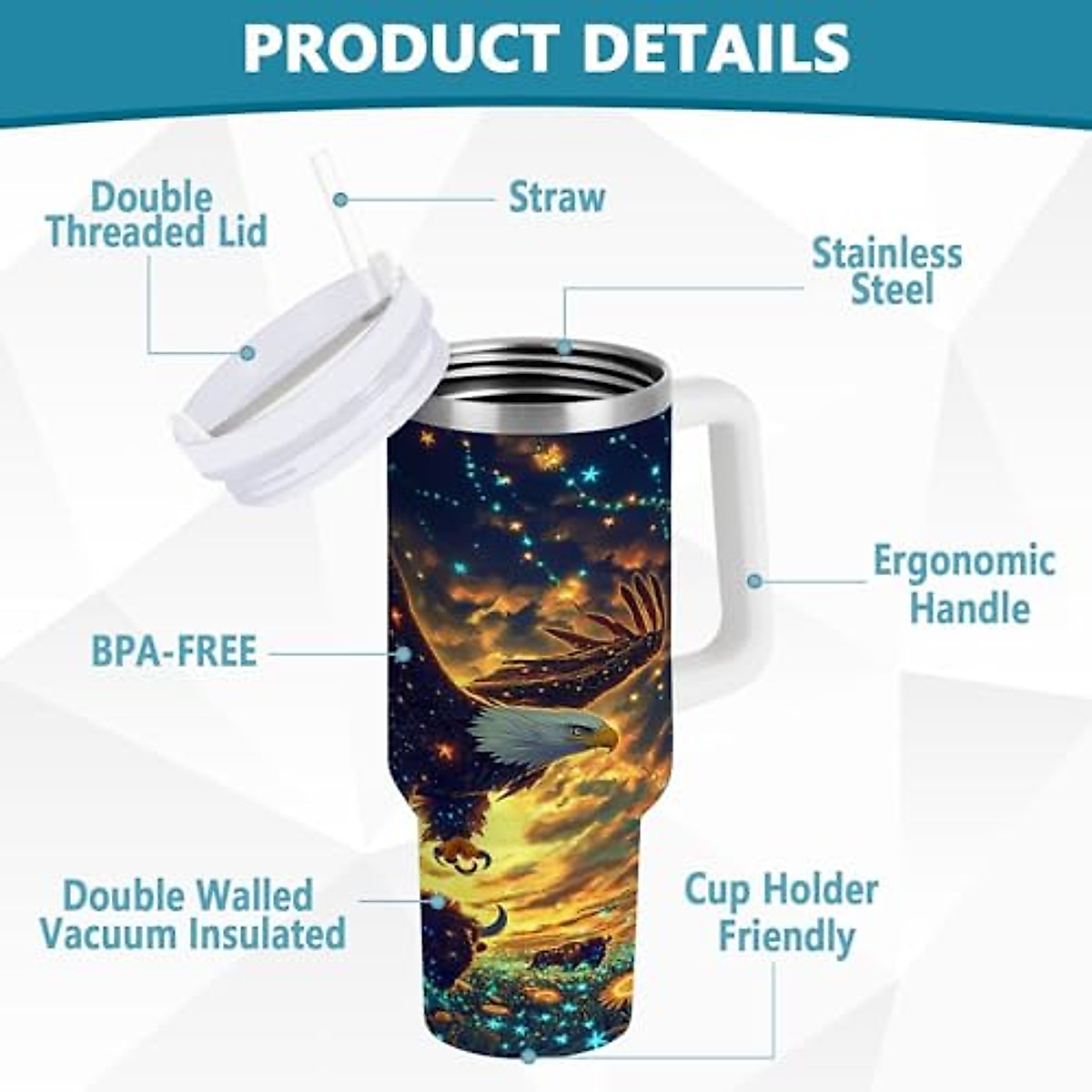 Slewiaeky Tumbler with Handle 40 oz Animal Hawk Beautiful America Travel Mug with Lid and Straw Stainless Steel Vacuum Insulated Water Bottle Cup for Iced Tea Coffee Cold Beverages Cup Holder Friendl