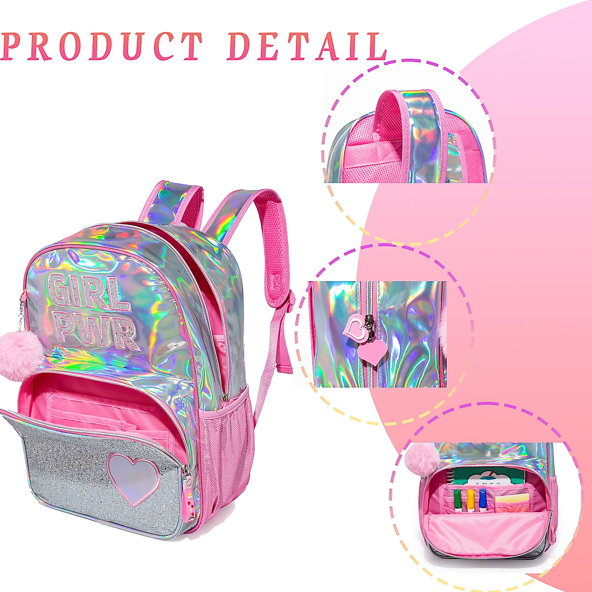 HTgroce Pink Girls Backpack with Lunch Box PWR Preschool Backpack School Bag with Lunch Box Sequin Girls Backpack Set for Elementary Preschool Bookbag Pink