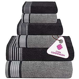 CASA COPENHAGEN Designed in Denmark 550 GSM 2 Large Bath Towels 2 Large Hand Towels 2 Washcloths, Super Soft Egyptian Cotton 6 Towels Set for Bathroom, Kitchen & Shower - Granite Grey & Mirage Grey