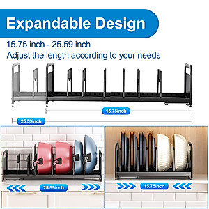 Pots and Pans Organizer, Expandable Pot and Pan Organizer for Cabinet with Drain Board,Heavy Duty Plate Pot Lid Organizer Rack Holder for Countertops, Kitchen Pantry Cookware Organizer and Storage