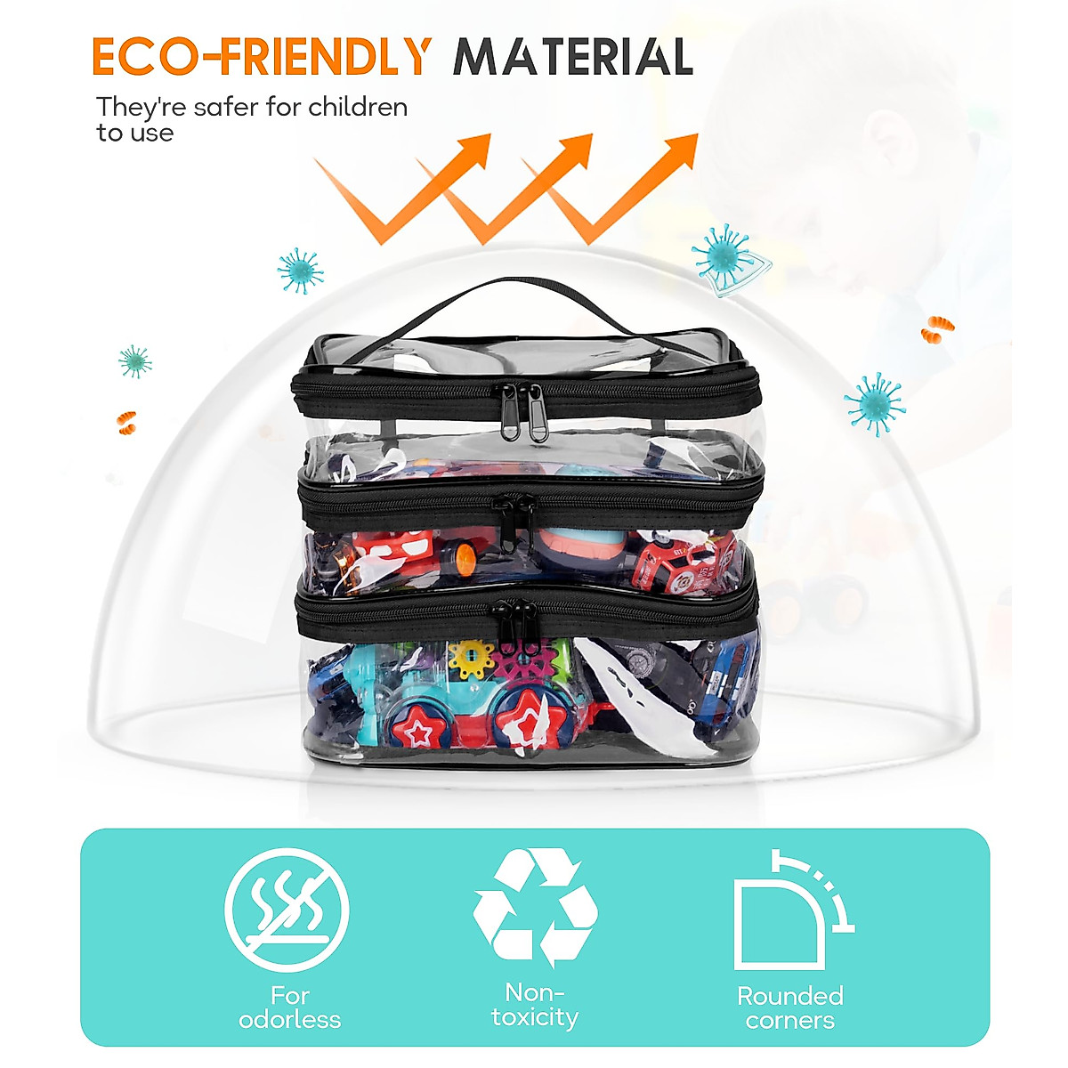 MISSLO 3-Layer Storage Organizer with 3 Manual Pockets Clear Storage Bag for Puzzles, Bricks, Building Blocks, Crafts (Black)