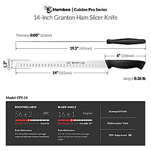 Humbee Chef 14-Inch Carving Knife with Granton Edge for Turkey Ham Meat Slicing and cutting NSF Certified CP5-14 Black