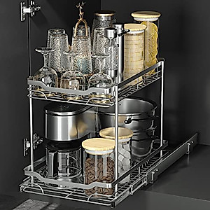 Amazer Pull Out Cabinet Organizer, 2 Tier Pull Out Drawers for Kitchen Cabinets, Slide Out Pantry Shelves 14.2"D×20"W Sturdy Cabinet Organizer Pull Out Drawers, Cabinet Pull Out Shelves Metal-Chrome