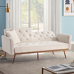 NoeBanJe Mid Century Modern Velvet LoveSeat Couches, Convertible Futon Sofa Bed with Metal Legs and Pillows, Adjustable Sleeper Sofa for Small Spaces, Bedroom Living Room (Beige)