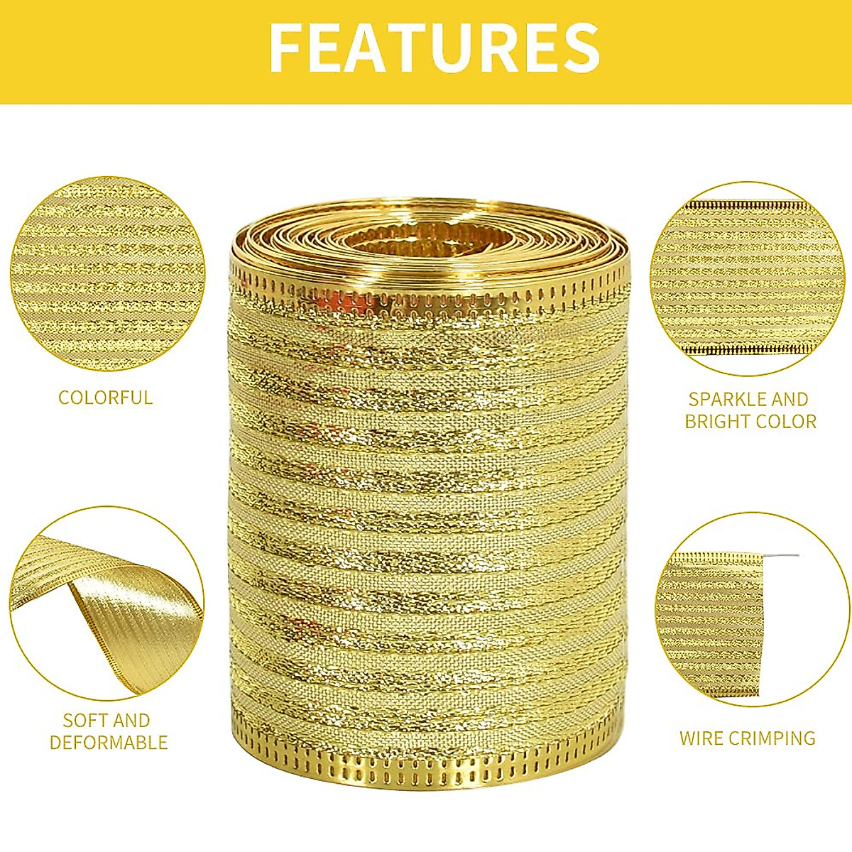 TONIFUL Christmas Ribbon Bright Champagne Gold Wired Edged Ribbons Roll Sparking Metallic Glitter Ribbon 2-1/2 Inch Wide for Xmas Tree Decorations Wreath DIY Crafts Bows Tree Gift Wrapping（6.5 Yards）