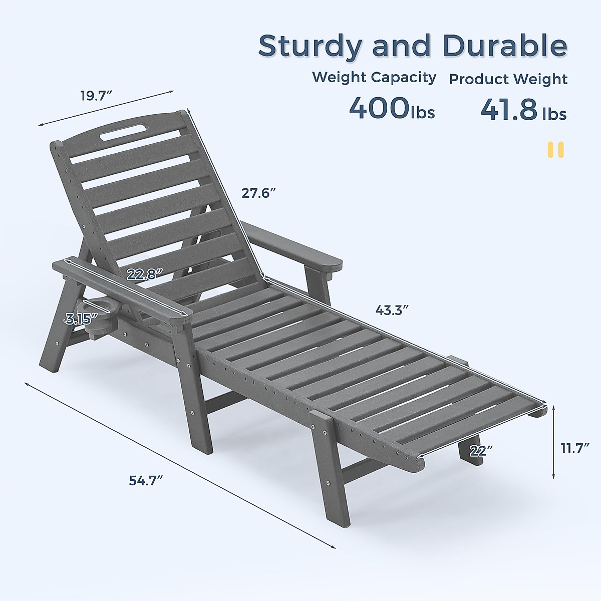Outdoor Chaise Lounge Chair,Heavy Solid Patio Chaise Lounge with Arm/Cup Holder,HDPE Lounge Chair Outdoor[Wind Resistant and 100% Waterproof],400LBS Adirondack Lounge Chair with 5-Position Backrest