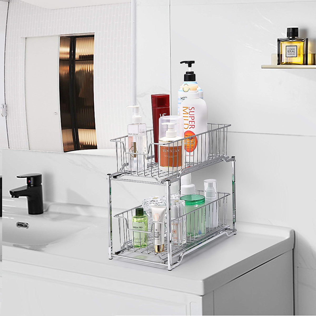 Simple Trending Stackable 2-Tier Under Sink Cabinet Organizer with Sliding Storage Drawer, Chrome