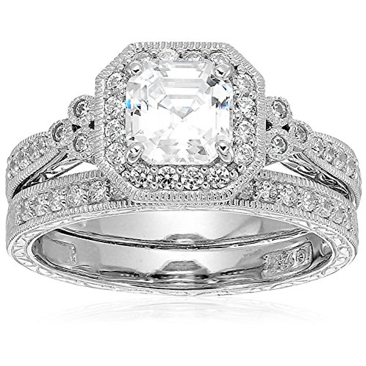 Amazon Essentials Platinum Plated Sterling Silver Infinite Elements Cubic Zirconia Asscher Antique Ring, Size 9 (previously Amazon Collection)