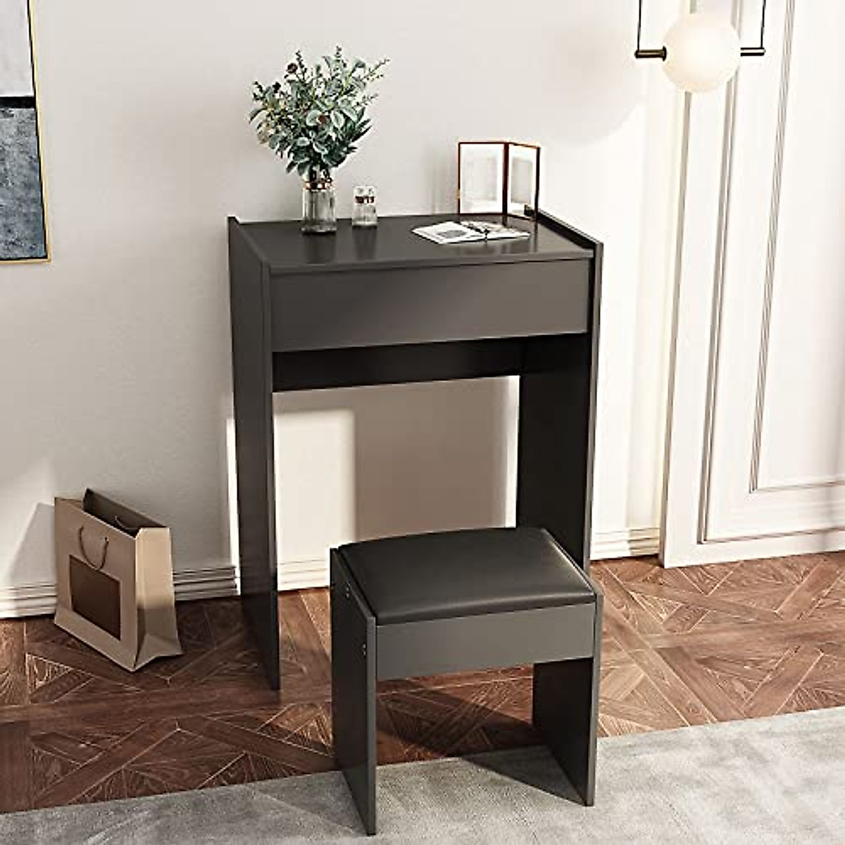 JAXPETY Vanity Makeup Table Set with Flip Top Mirror and Cushioned Stool, Makeup Dressing Table w/Organizers Jewelry Storage for Girls (Black)