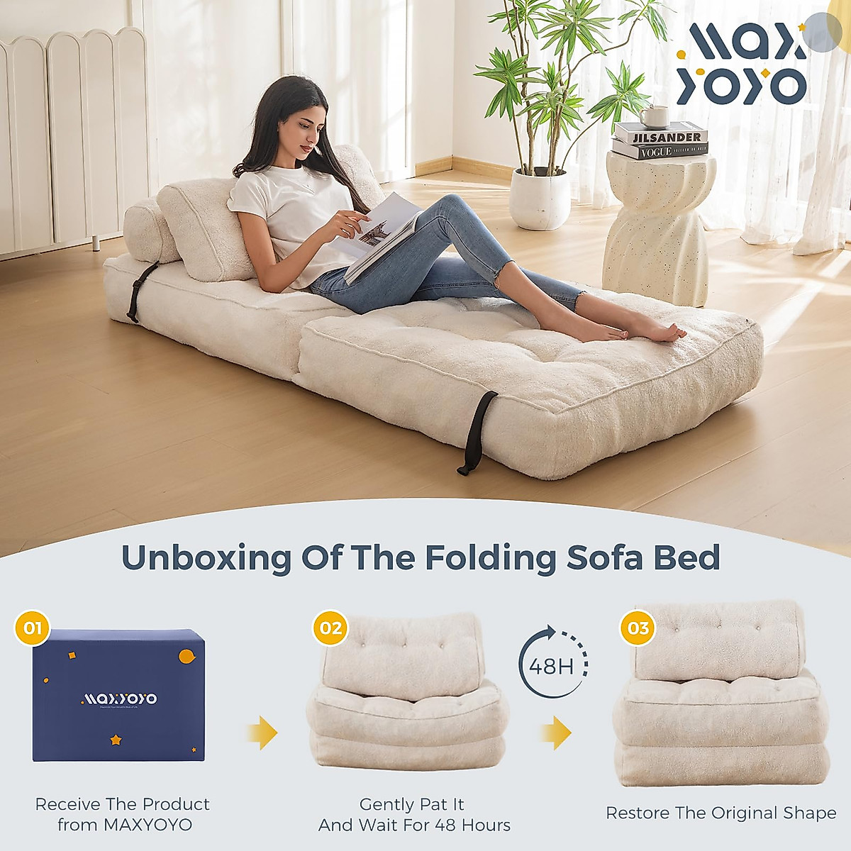 MAXYOYO Folding Sofa Bed, Convertible Sleeper Chair with Pillow Foldable Mattress with Back Support, Portable Fold Out Sofa Couch Fuzzy Fabric Comfy Floor Sofa Lounge for Living Room Apartment, Beige