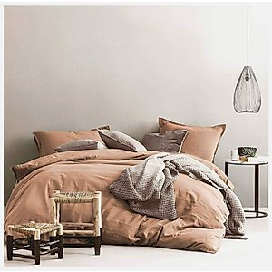 Eikei Washed Cotton Chambray Duvet Cover Solid Color Casual Modern Style Bedding Set Relaxed Soft Feel Natural Wrinkled Look (Copper Dust, Queen)