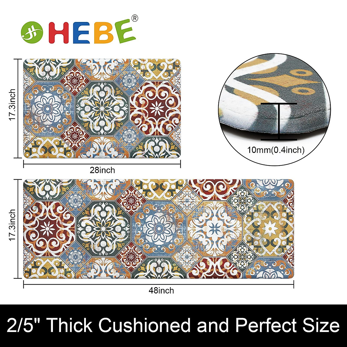 HEBE Boho Anti Fatigue Kitchen Rug Sets 2 Piece Non Slip Cushioned Mats for Floor Waterproof Carpet Runner for Sink Laundry Standing