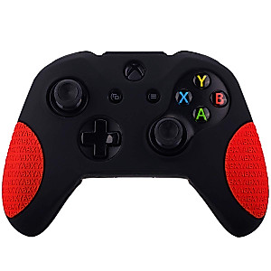 YoRHa Thickened Rubber Silicone Cover Skin Case 3D Letters Massage Grip for Xbox One S/X Controller x 1(Black&Red) with PRO Thumb Grips x 8