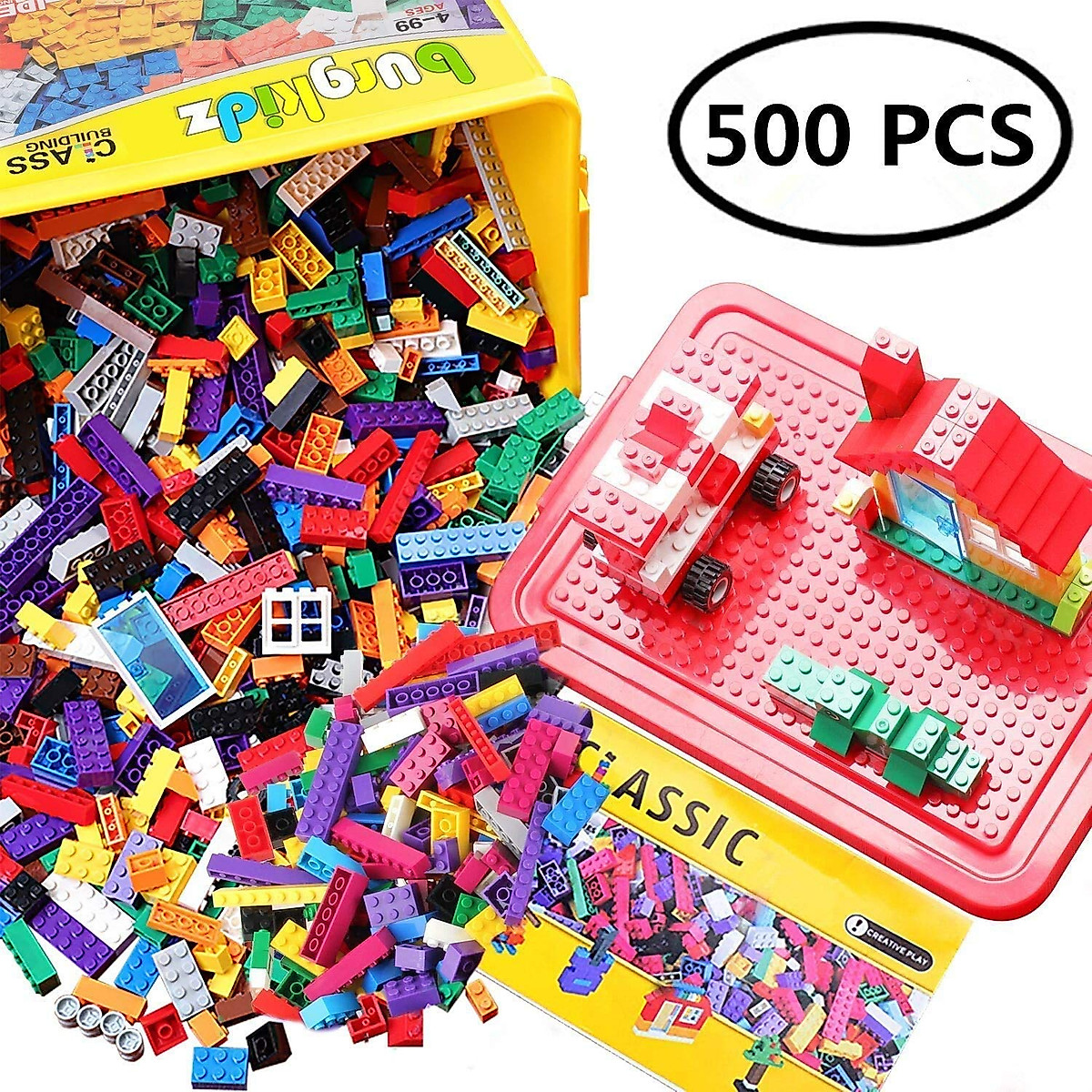 burgkidz Building Bricks 568 Pieces Toys, Classic Building Blocks Includes Wheels, Door, Window, Compatible Bulk Block with Storage Box and Baseplate, STEM Educational Gift for Kids 3+ Year