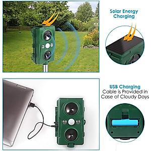 Ultrasonic Cat Deterrent, 6 Modes Solar Powered Deterrent Device with Motion Sensor and Flashing Light, Outdoor Waterproof Device Garden, Farm, Yard, Dogs, Cats, Birds and More