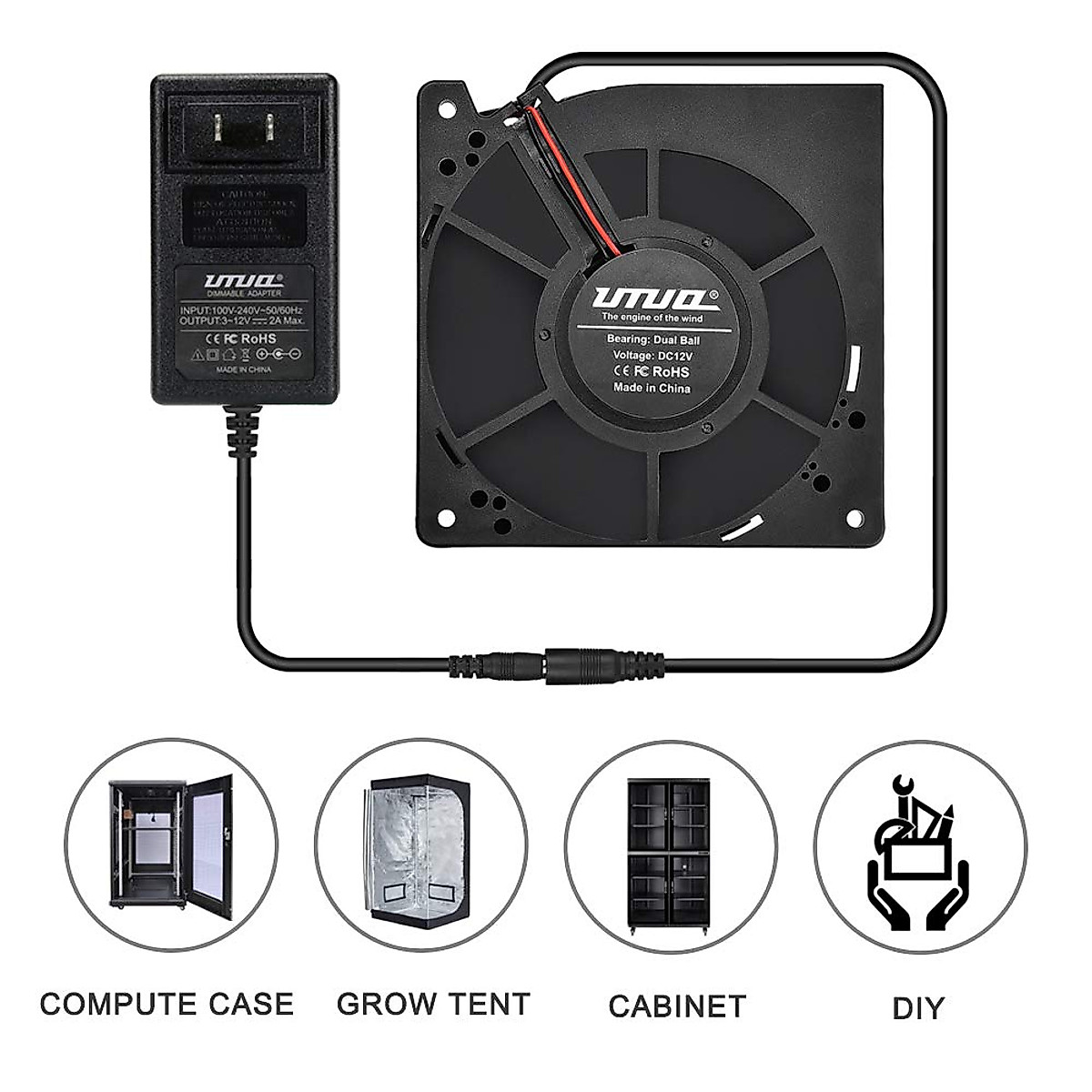 UTUO Variable Speed Blower Fan, 110V 120V 220V AC Powered 120mm x 32mm air Exhaust Vent Cooling Radial Centrifugal Flow Adjustable Centrifugal Blower Fan with 3 to 12v DC Speed Control Dimmer Switch