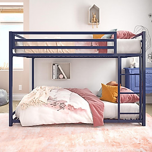 DHP Miles Low Metal Bunk Bed Frame for Kids, With Built-in Ladder, High Guardrail and Metal Slats, Floor Bed Bottom Bunk, No Boxspring Required, For Small Spaces, Full-Over-Full, Blue
