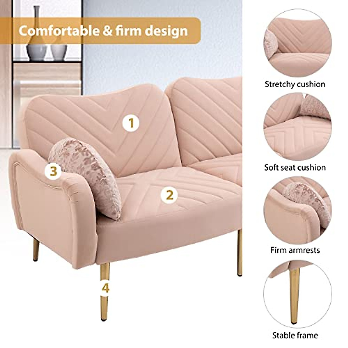 GNIXUU Small Couches for Living Room 65 inch, Mid Century Modern Velvet Love Seats Sofa Convertible Futon Bed with 2 Bolster Pillows, Loveseat Armrest for Bedroom, Apartment, Office, Pink