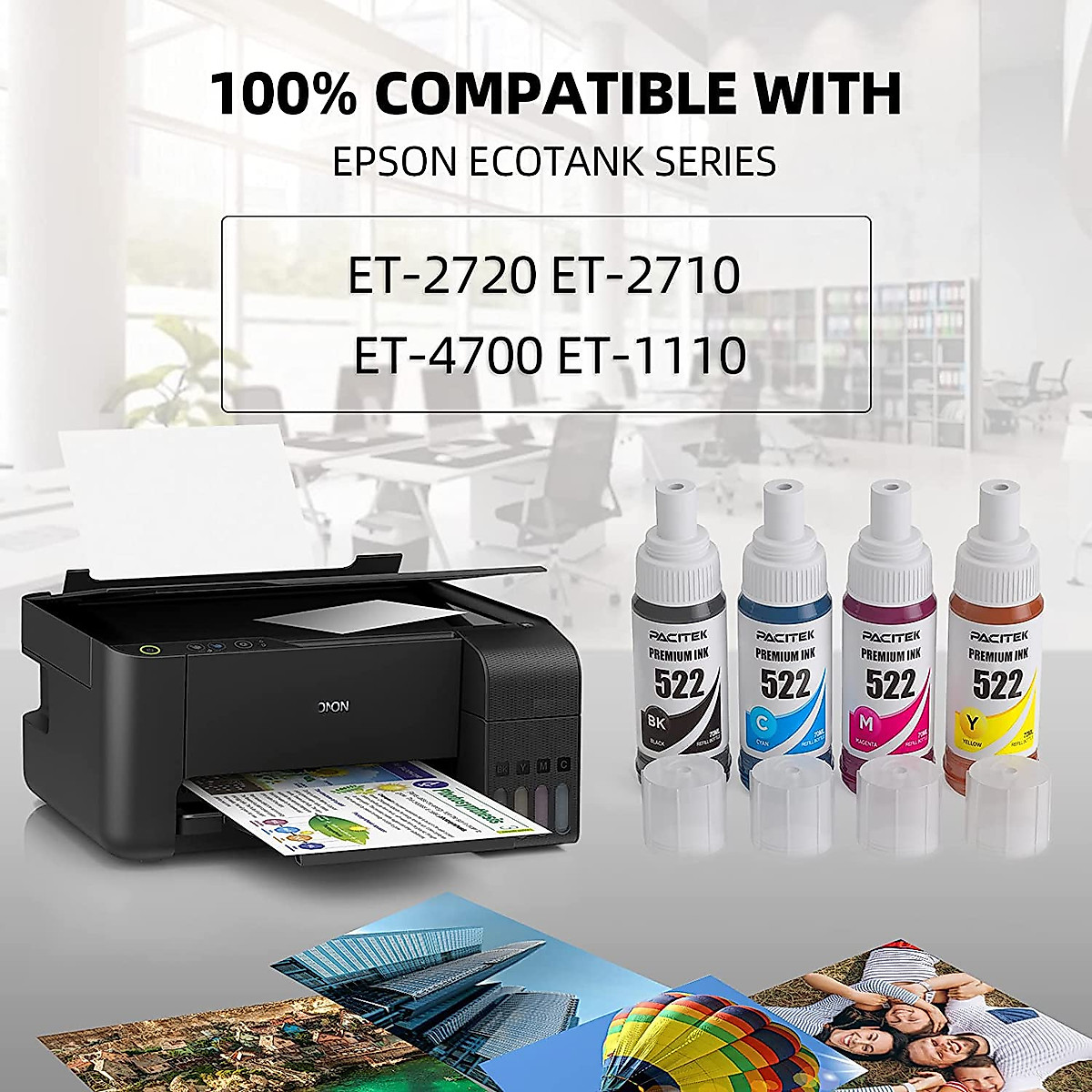 PACITEK Compatible Refill Ink Bottle Replacement for 522 T522 T522120 Use with EcoTank ET-2720 ET-2710 ET-4700 Printer (2Black, 1Cyan, 1Magenta, 1Yellow)