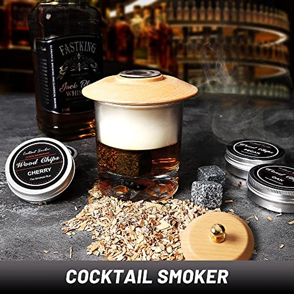AJIJING Cocktail Smoker Kit with 4 Flavour Wood Chips-Old Fashioned Smoker Kit for Drinks, Whiskey, Bourbon, Drink Smoker Infuser Kit, Best Gift for Husband, Father, and Whiskey Lovers