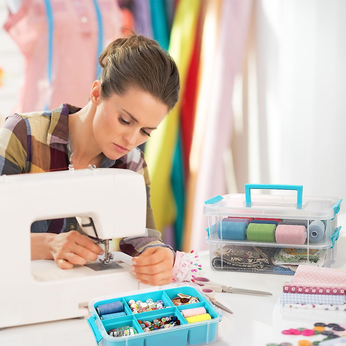 BTSKY 3 Layer Stack & Carry Box, Plastic Multipurpose Portable Storage Container Box Handled Organizer Storage Box with Removable Tray for Organizing Sewing, Art Craft, Supplies Blue