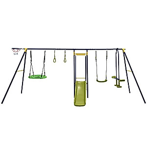 HONEY JOY Swing Sets for Backyard, 660lbs 7-in-1 Heavy Duty Swing Set w/A-Frame Metal Swing Stand, 2 Swings, Glider, Gym Rings, Slide, Monkey Bar,Basketball Hoop, Swingset Outdoor for Kids 3-12