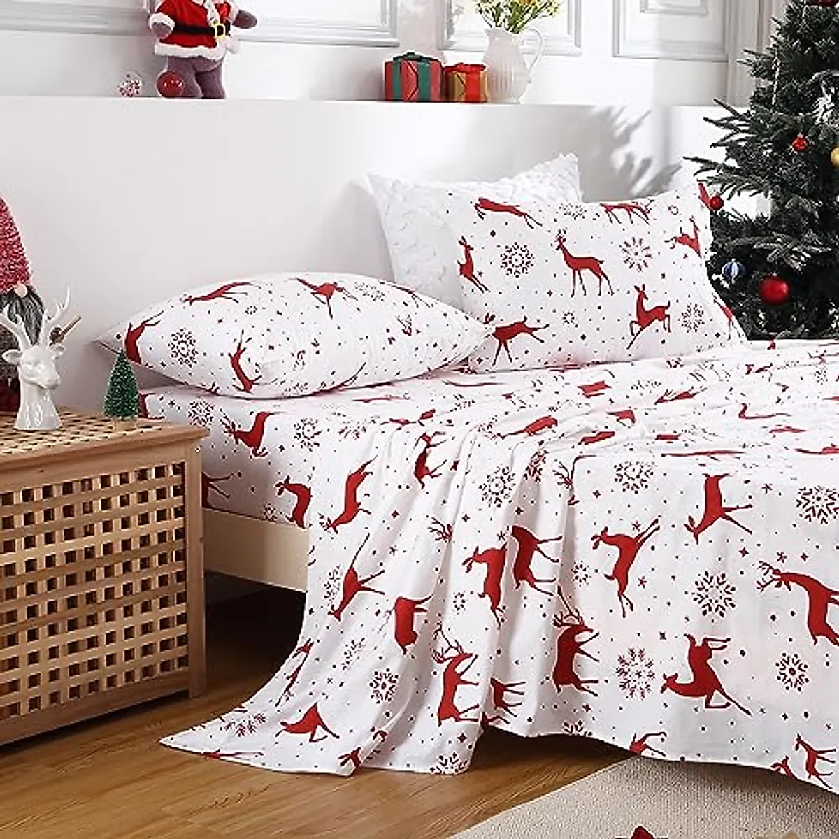STARBEDIA Christmas Flannel Sheets Twin, 100% Cotton Holiday Bed Sheet Set, Deep Pocket Fitted Sheet, Soft Warm Brushed Christmas Sheet (Twin Size, Red Christmas Deer)