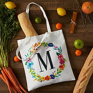 Okuna Outpost Set of 2 Reusable Monogram Letter M Personalized Canvas Tote Bags for Women, Floral Design (29 Inches)