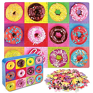 LELEMON Puzzles for Kids Ages 4-8,Donut Puzzle 100 Piece Puzzles for Kids in a Metal Box, Educational Kids Puzzles Jigsaw Puzzles 100 Piece Puzzle Games Puzzle Toys for Girls and Boys