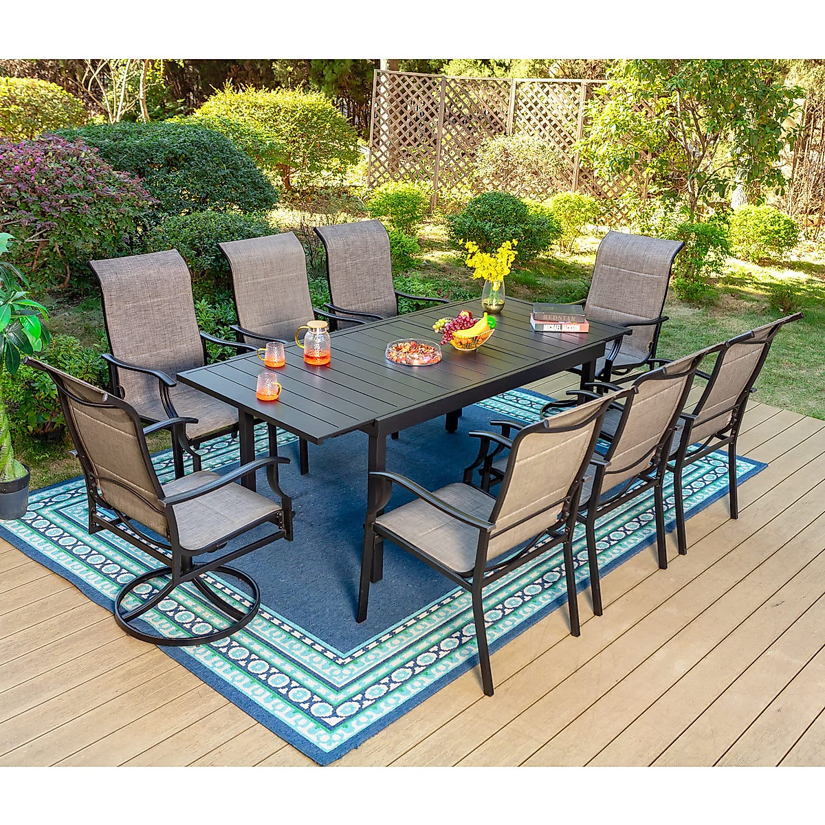 PHI VILLA 9 Piece Patio Dining Set, Outdoor Table and Chairs Set for 8 with 1 Extendable Large Patio Table, 2 High Back Swivel Patio Chairs and 6 Padded Dining Chairs