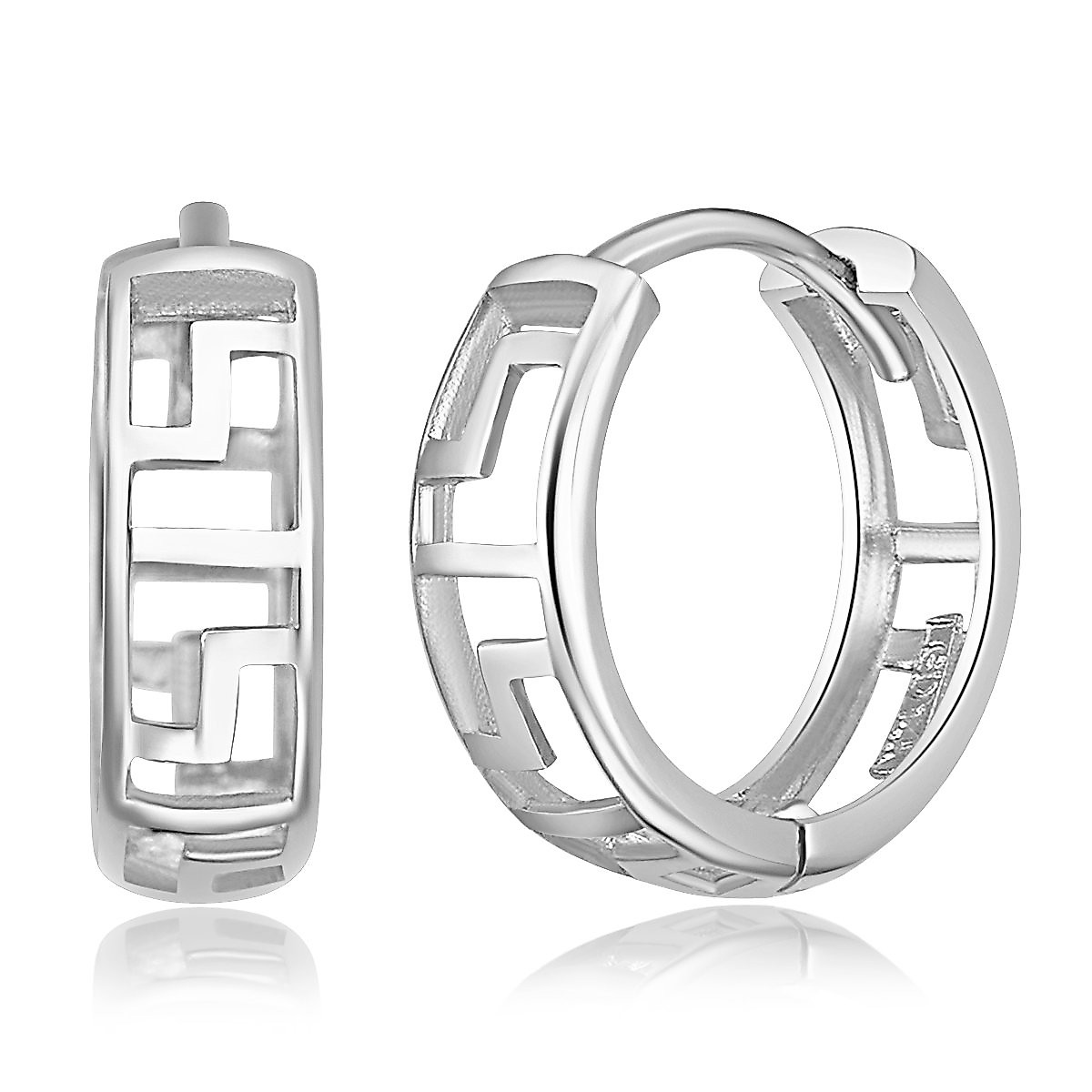 14k REAL White Gold 4mm Thickness Greek Key Huggie Earrings (12 x 12 mm)