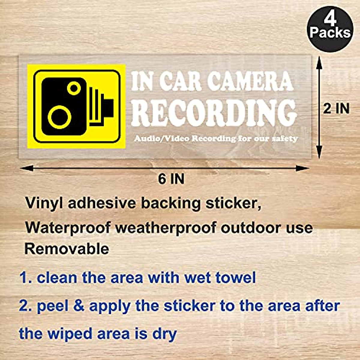 4 Pcs Camera Audio Video Recording Window Cars Stickers, in Car Camera Recording Sticker for Rideshare, Van, Truck, Taxi, Maxi Cab, Bus, Coach Drivers, Yellow 2 x 6 inch, Adhesive Window Decal